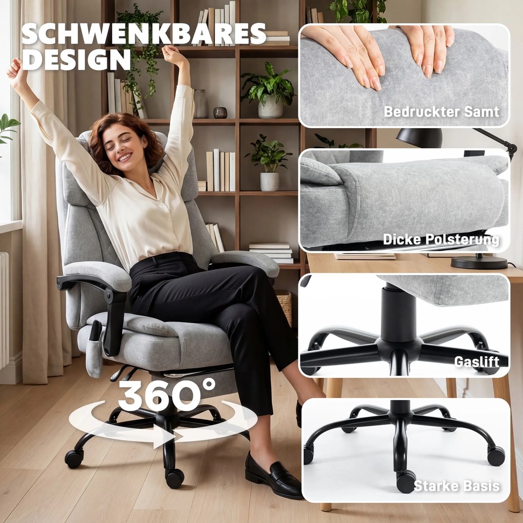 HOMCOM kancelářské křeslo s masáží — ergonomické polohovatelné vyhřívané manažerské křeslo se širokým sedákem, vzhled sametu, výškově nastavitelné, s…