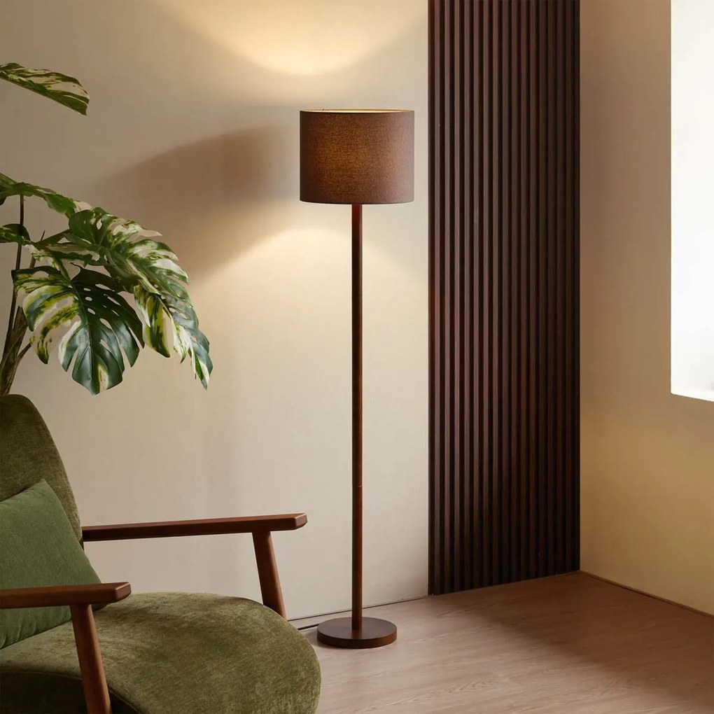 Japandi stojací lampa z ořechového dřeva s hnědým lněným stínidlem 151cm - Mels