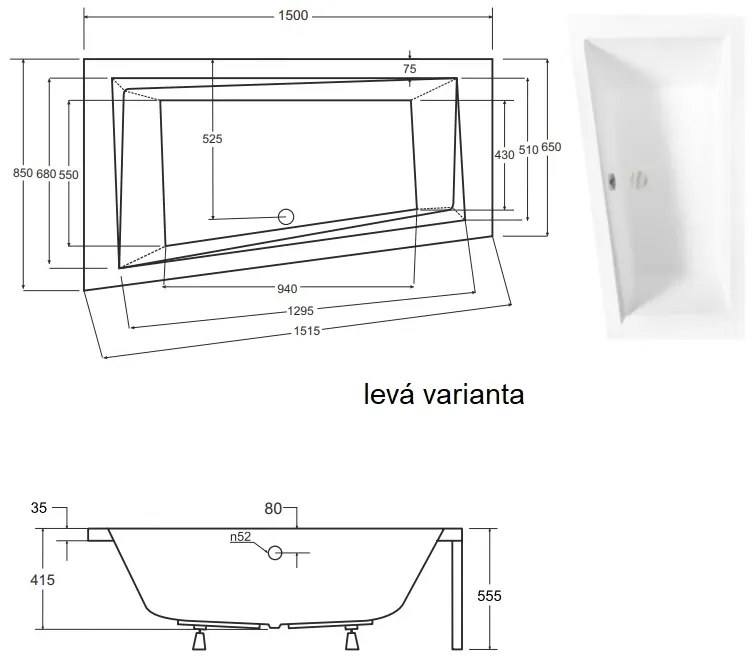 Besco Intima 150x85 akrylátová vana Délka vany: 150cm, Orientace: Levá