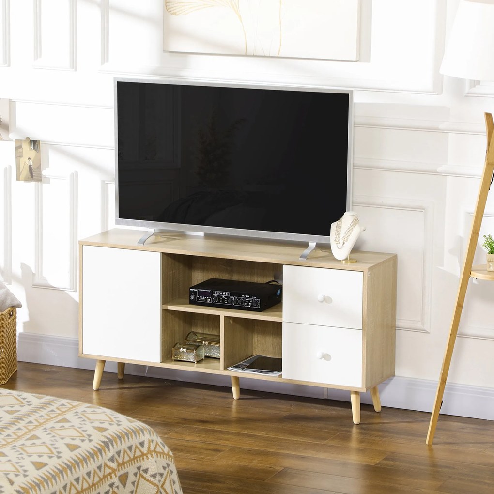 HOMCOM Televizní stolek pro televize do 114 cm se solidními nohami ve skandinávském stylu, 3 police, 1 skříňka se dveřmi a 2 šuplíky 120 x 30 x 60 cm