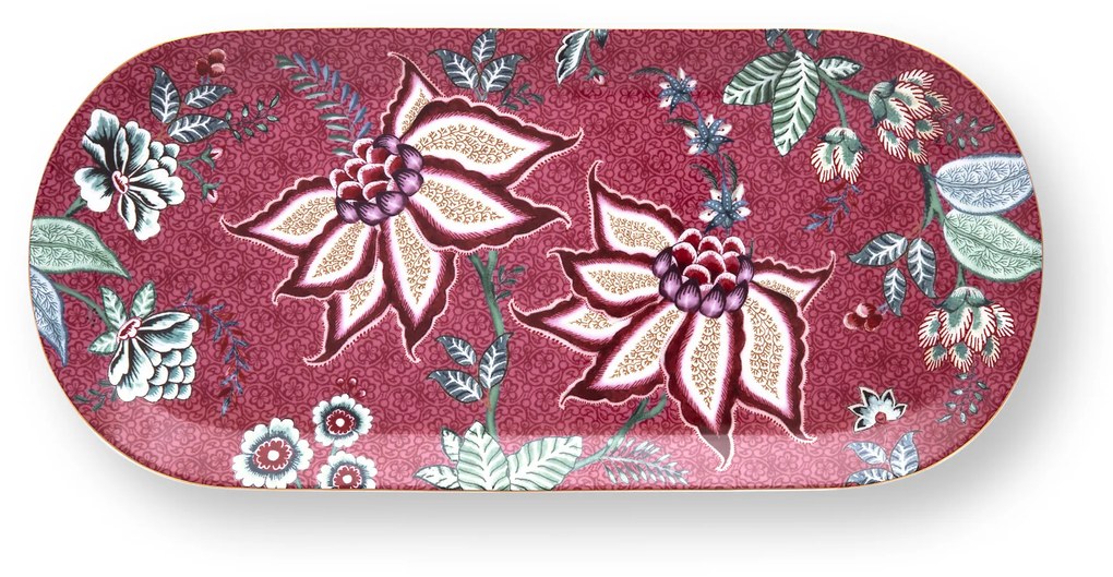 Pip Studio Flower Festival oválný tác 33,3 x 15,5cm, tmavě růžový (Oválný servírovací tác Cake Tray z kolekce Flower Festtival Dark Pink)