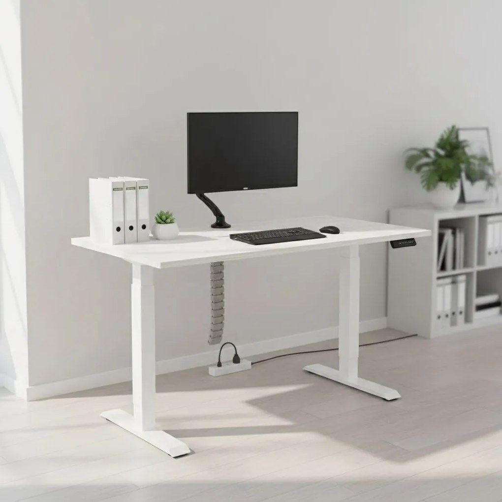 Výškově nastavitelný stůl OfficeTech C, 120 x 80 cm, bílá podnož, bílý jasan