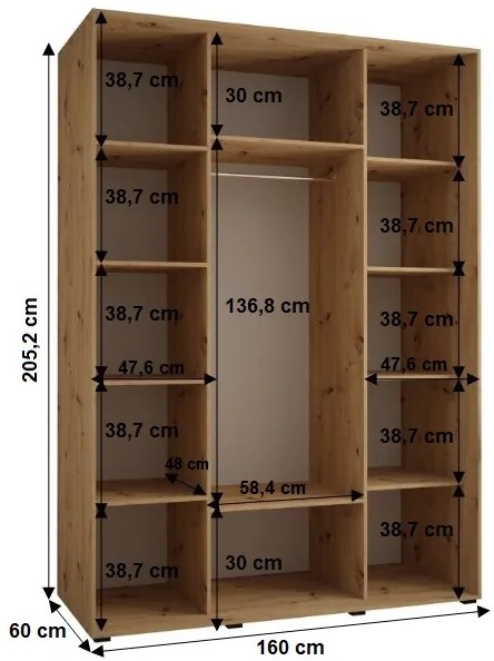 Šatní skříň YVONA 3 - 160/60 cm, dub artisan / stříbrná
