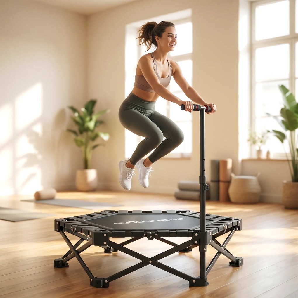 SPORTNOW Fitness trampolína s nastavitelnou T-rukojetí, skládací, taška na přenášení, nosnost 120 kg, ocel, plast, černá barva