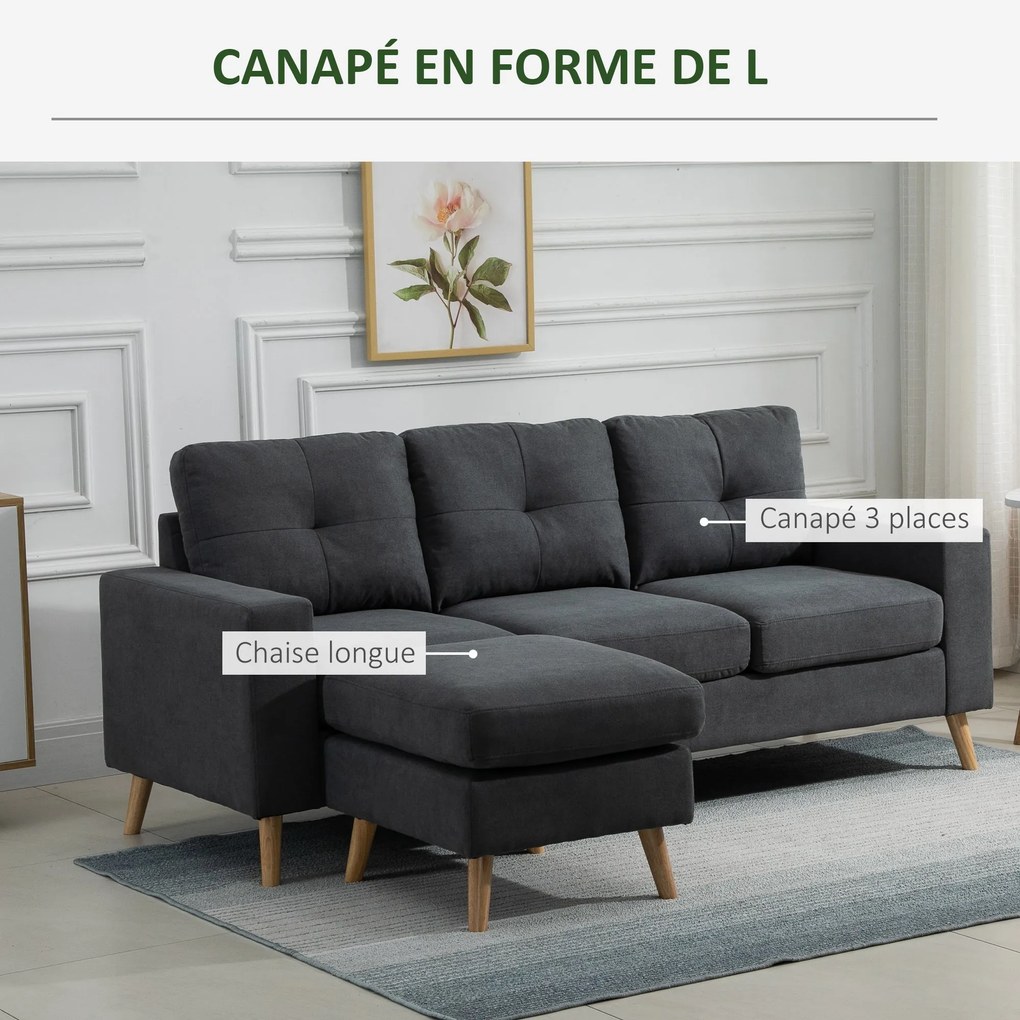 HOMCOM Rohová Pohovka z Lněné Tkaniny, 3-místná Pohovka, Reverzibilní Chaise Lounge vpravo nebo vlevo, 193 cm, Skandinávský Design, pro Obývací Pokoj,