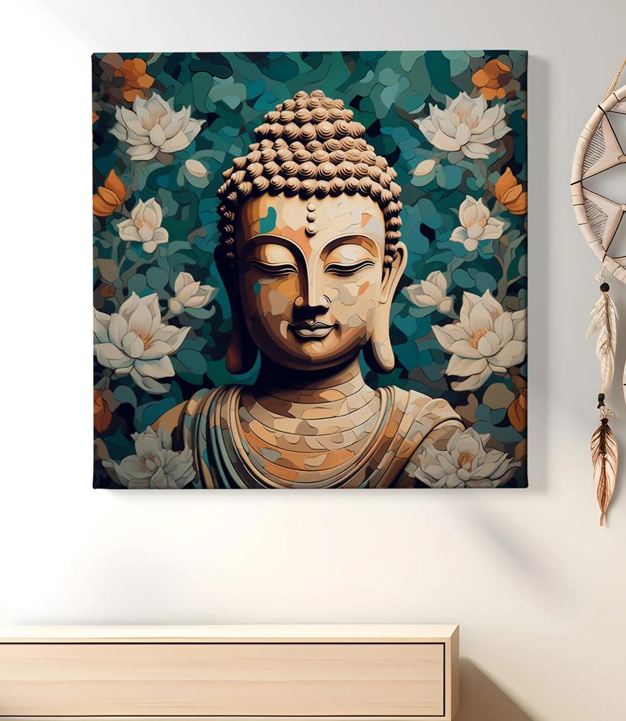 Obraz na plátně - Buddhova hlava a pozadí s květy FeelHappy.cz Velikost obrazu: 140 x 140 cm
