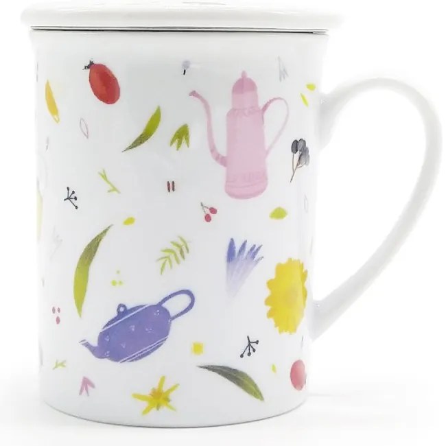 Porcelánový hrnek Česká louka se sítkem a víčkem, 250 ml – s veselým motivem lučních květin a konviček