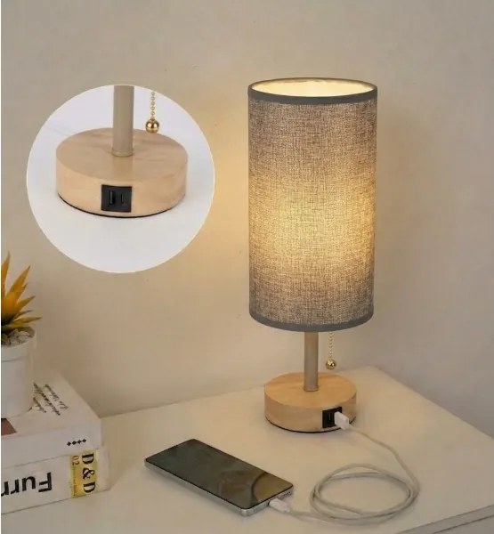 Brilagi - Stolní lampa s USB portem TABLON 1xE27/25W/230V dub/béžová/šedá