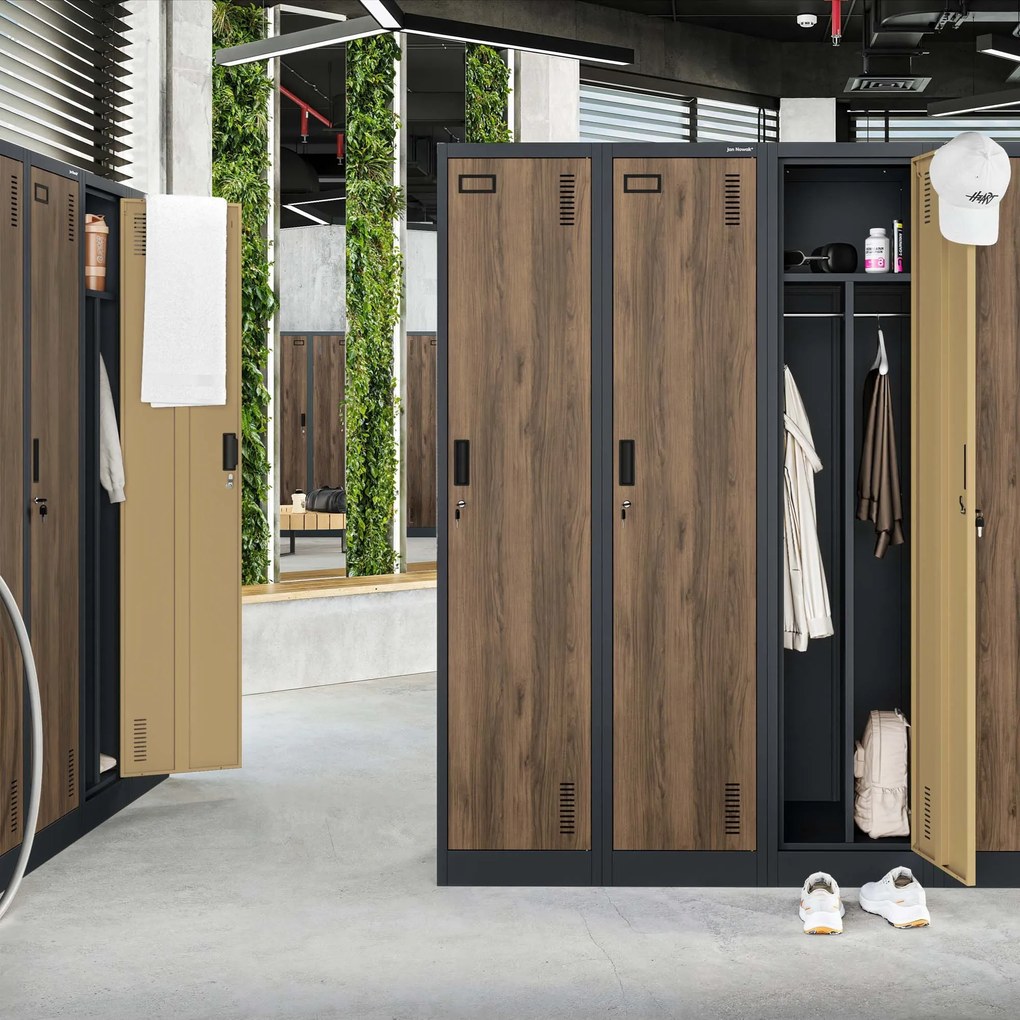 Šatní skříňka pro zaměstnance 4-boxová, antracit/ořech, 800x1800x500 mm: KACPER Eco Design