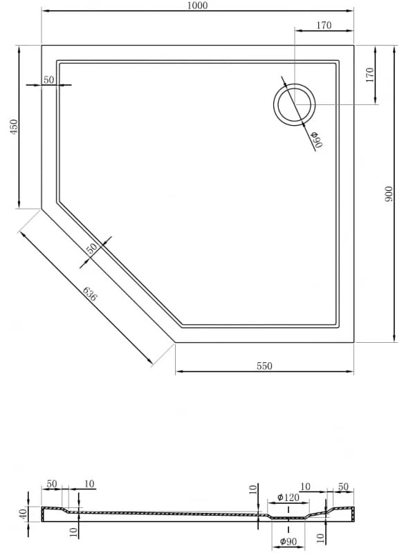 Mexen Flow, pětiúhelníková sprchová vanička slim 100 x 90 cm, pravá, černá matná - 46P709010R