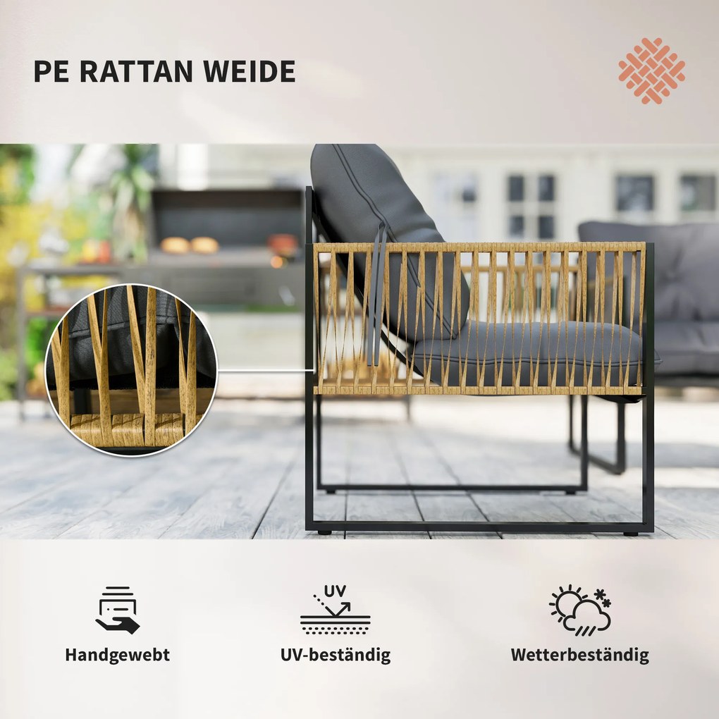 Zahradní ratanový nábytek Outsunny 4 kusy s polštáři, zahradní sedací souprava, 1 skleněný konferenční stolek, 2 křesla, 1 dvoulůžková pohovka, elega…