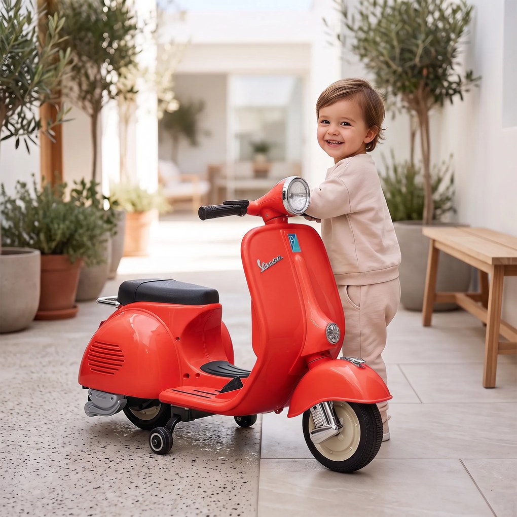 AIYAPLAY elektrická motorka pro děti od 3 let, licencovaná VESPA, 7,2 V, s odnímatelnými pomocnými kolečky, 3-5 km/h, max. 30 kg, červená