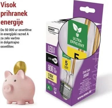 Emos lighting LED žárovka Filament A60 A CLASS / E27 / 3,8 W (60 W) / 806 lm / teplá bílá 1525283273