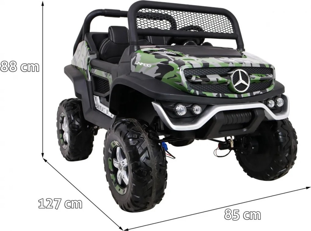 Ramiz Mercedes Benz Unimog elektrické autíčko pro děti maskáčové + pohon 4x4 + dálkové ovládání + nosič zavazadel + pomalý start + rádio MP3 + LED