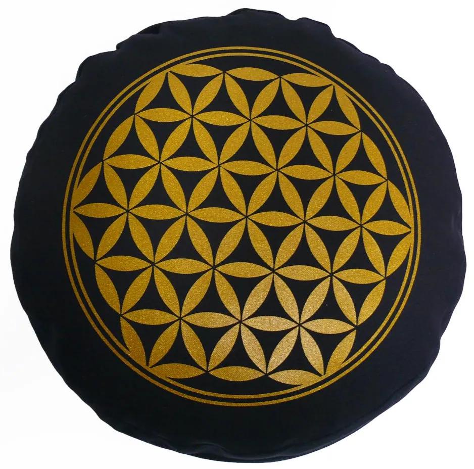 S radostí - vlastní výroba Meditační polštář se zlatým Květem života - černý Velikost: ∅30 x v25 cm