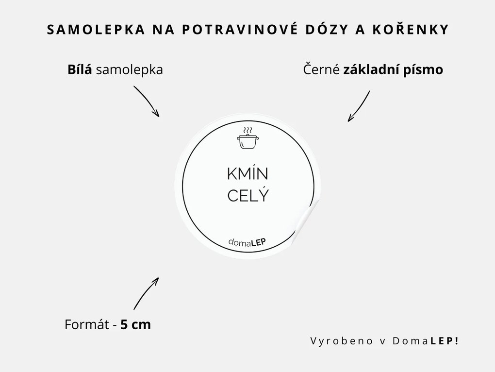 KMÍN CELÝ - omyvatelná samolepka na kořenky, výběr rozměrů Ø 5 cm / 5 x 5 cm / 6 x 8 cm | DomaLEP tvar: ČTVEREC, barva: BÍLÁ - ČERNÉ písmo, velikost: š. 5 cm x v. 5 cm - tučné písmo