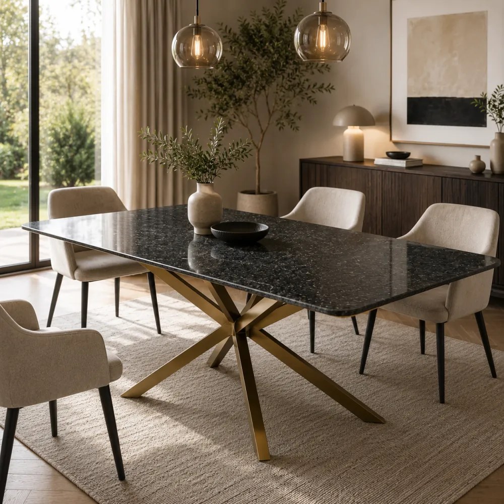 Jídelní stůl MONTEVIDEO SATIN – 180 × 100 cm, žulová deska Satin Black, zlatá podnož SPIDER L