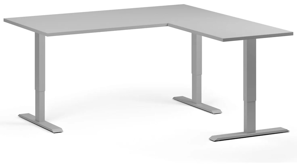 Rohový výškově nastavitelný stůl, 160x160 cm, 3 motory, L/P, šedá podnož, šedá