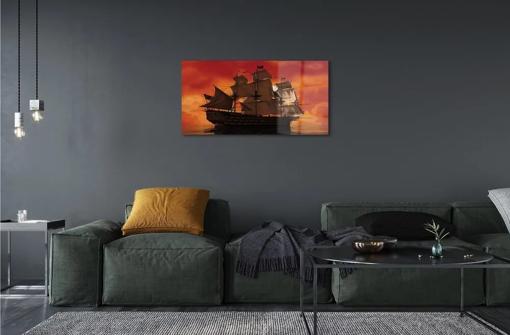 Obraz na skle Loď moře oranžová obloha 140x70 cm