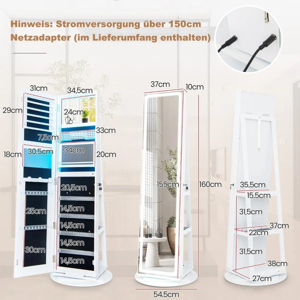 Costway Šperkovnice se zrcadlem Šperkovnice zrcadlová – 54,5 × 54,5 × 160 cm