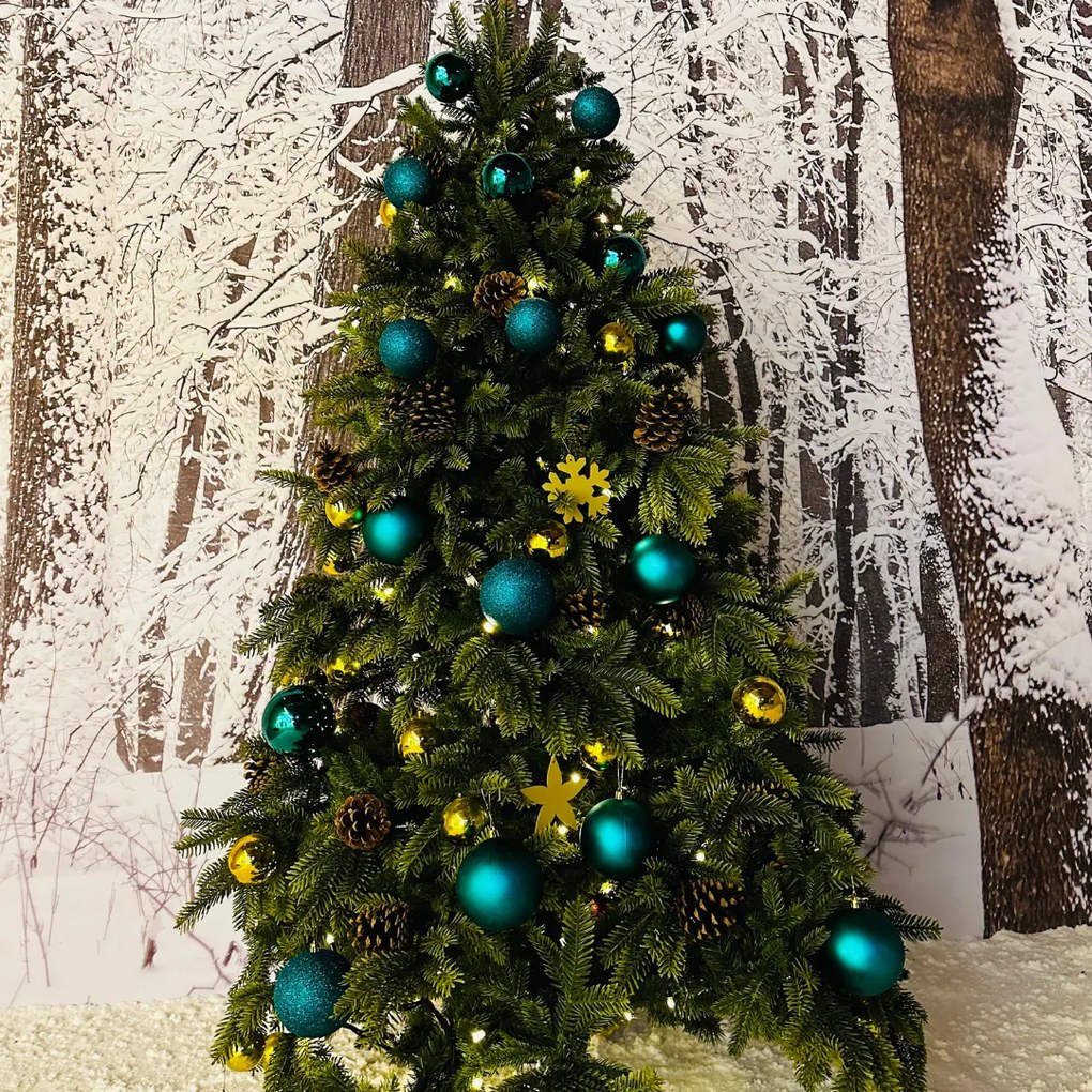 Sada vánočních ozdob paví zelená 10 cm plastová koule glitter, balení 6 ks