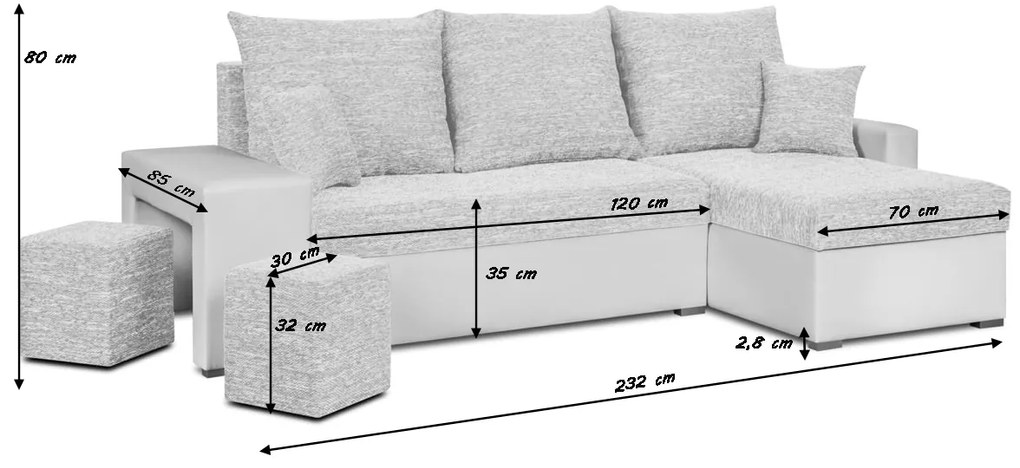 Rohová sedací souprava s funkcí spaní HUBI Stříbrná/černá