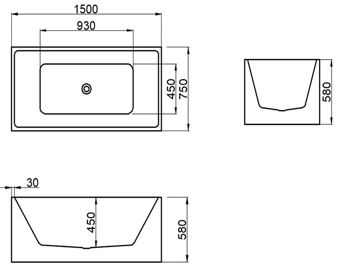 BPS-koupelny Volně stojící akrylátová vana HYD-SAN507A 150x75 bílá, odtokový komplet černý