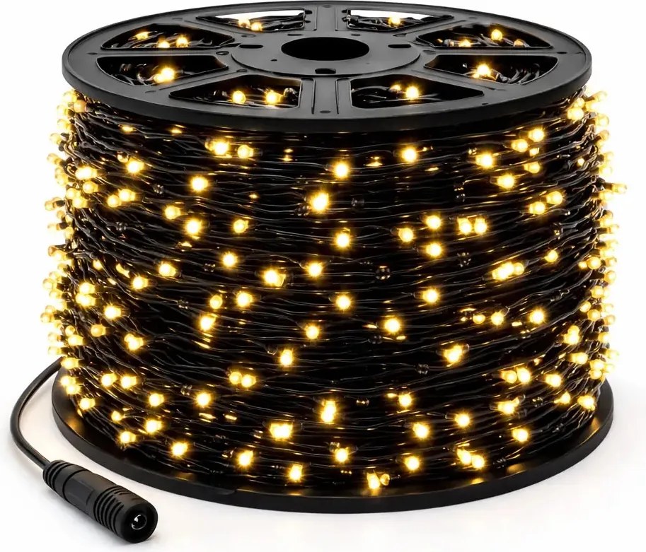 Eco Fix LED světelný řetěz, venkovní, 100 m, teple bílá, 36 V, 600 diod, černý kabel, IP67, cívka