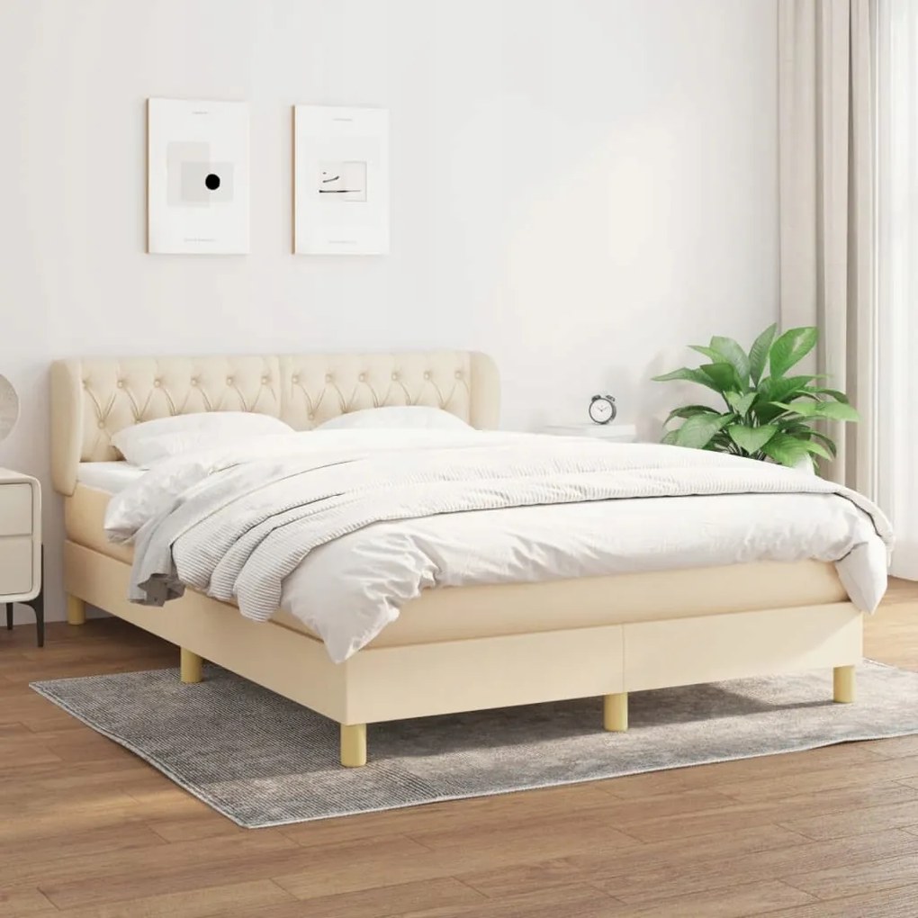 Box Spring Postel S Matrací Textil Krémová Prošívaný design 140 x 200 cm