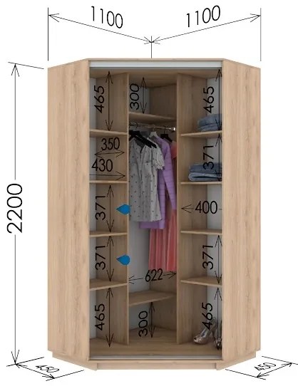 Rohová šatní skříň CORA 110 × 220 cm dub sonoma se zrcadlem