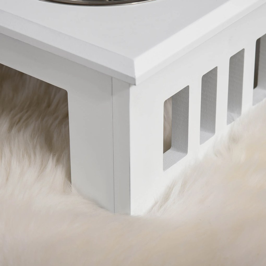 PawHut Zvýšená miska pro psy Miska na krmivo s nerezovými miskami 58,4x30,5x25,4cm MDF Protiskluzová Snadná údržba Bílá pro psy