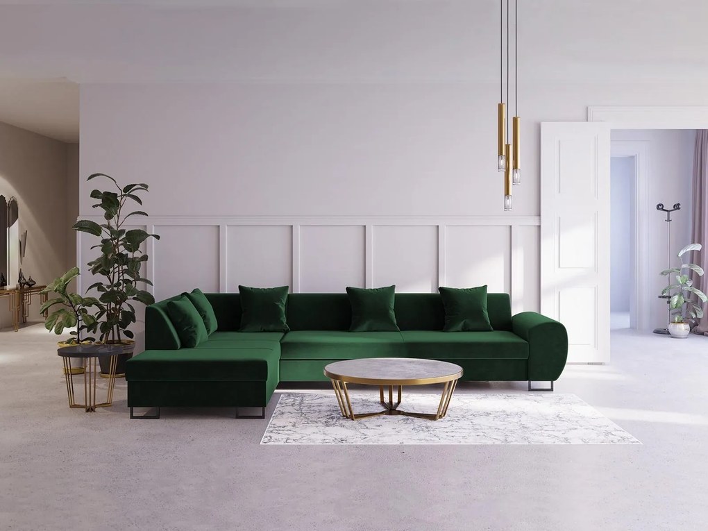 KOOKO HOME Rohová rozkládací sametová pohovka s úložným prostorem Calmato XL levý roh