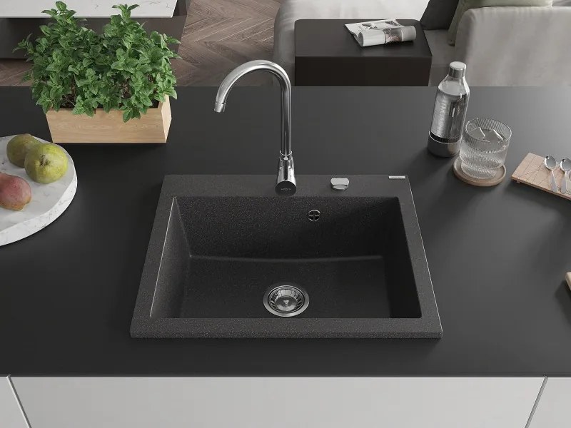 Mexen Elix dřez granitový 1-komorový 600 x 500 mm, černý skvrnitý, sifon chrom - 6525601005-76