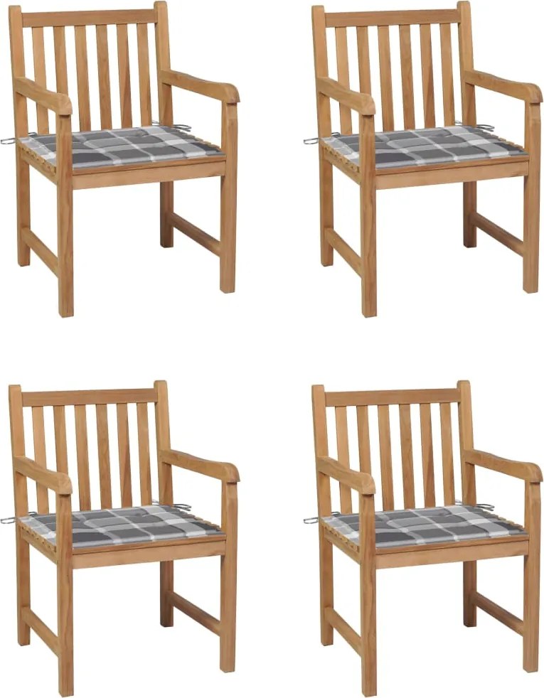 Zahradní židle 4 ks šedé kárované podušky masivní teak 3073018