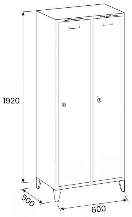 Plechová šatní skříňka s8 na nohách, 2 oddíly, 1920 x 600 x 500 mm, otočný zámek, modré dveře