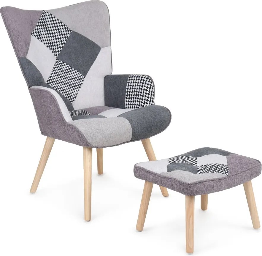 Relaxační křeslo ušák LISA + taburet — masiv, látka, černobílý patchwork