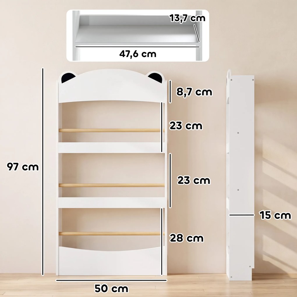 AIYAPLAY dětský knihovník, nástěnný dětský regál se 4 úrovněmi, nástěnný regál s medvědím designem, 50 x 15 x 97 cm bílý