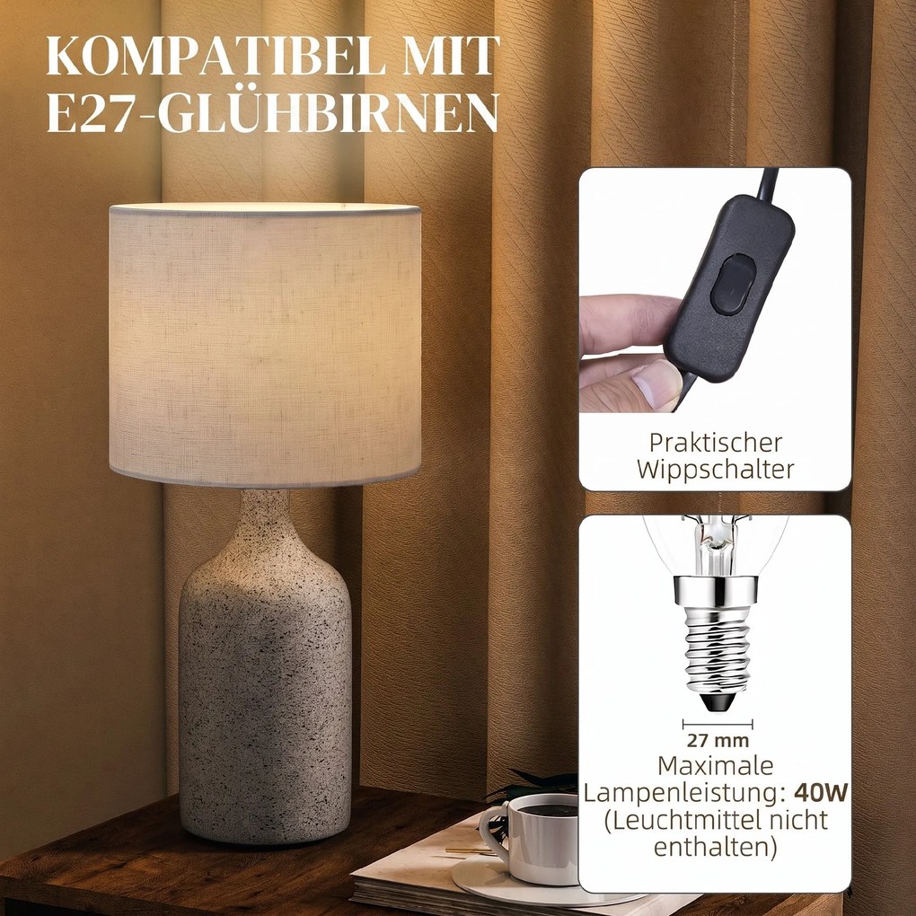 HOMCOM Stolní lampa, lampička na stůl, noční lampička, lampička na psací stůl s keramickým podstavcem, lněným stínidlem, 22x22x45 cm písková+béžová