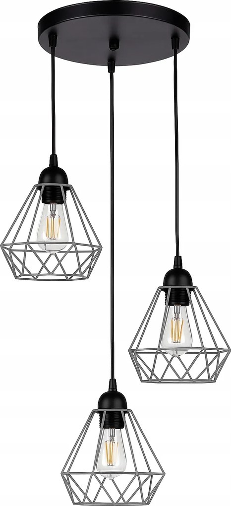 Závěsná lampa loft Diament šedá trojitá na stropě