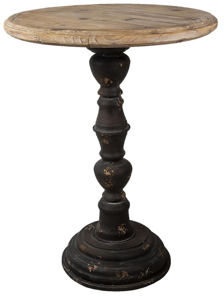 Tmavě hnědý kovový odkládací stolek s dřevěnou deskou - Ø 57*75 cm