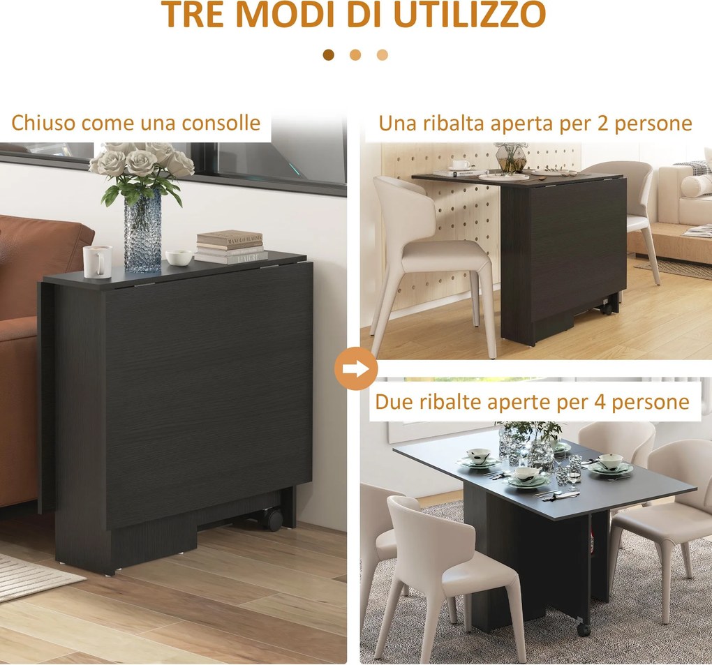 HOMCOM Skládací Stůl na Kolečkách, Moderní Jídelní Stůl, Úsporný Skládací, Moderní Design, s Kolečky, Úložné Poličky, 140 × 80 × 74 cm, Černý