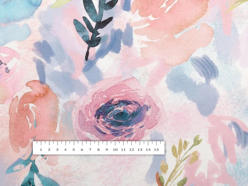 Biante Sametový povlak na polštář s lemem Tamara TMR-030 Růžovo-modré akvarelové květy 30 x 50 cm