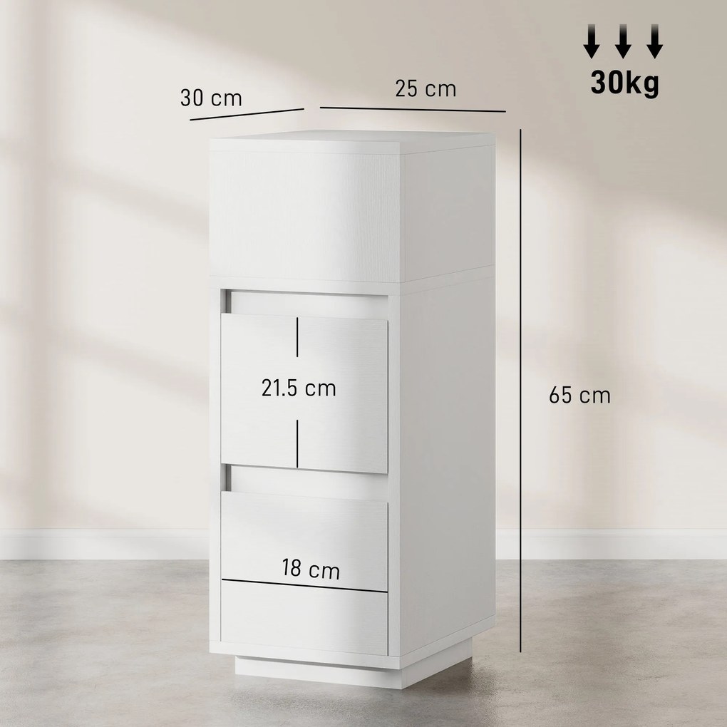 HOMCOM sada 2 úzkých vysokých nočních stolků se 2 zásuvkami a otevřenou policí — úsporné moderní stolky do ložnice a obýváku, 25 x 30 x 65 cm, bílá