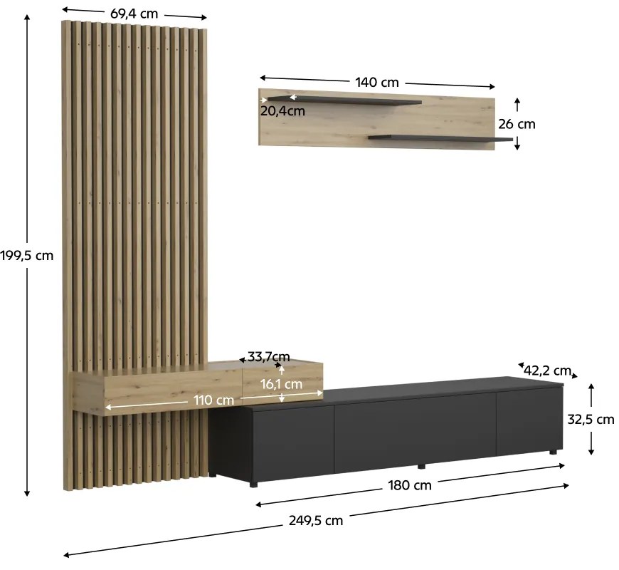 Kondela Obývací stěna, černá/dub artisan, REBEKA PLUS