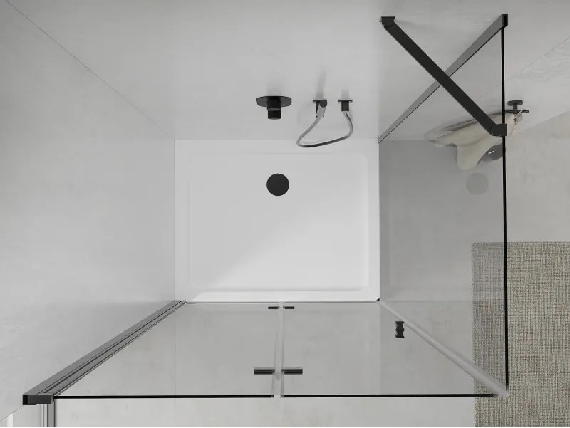 Mexen Lima, sprchový kout se skládacími dveřmi 90 (dveře) x 80 (stěna) cm, 6mm čiré sklo, černý profil + slim sprchová vanička bílá s černým sifonem, 856-090-080-70-00-4010B