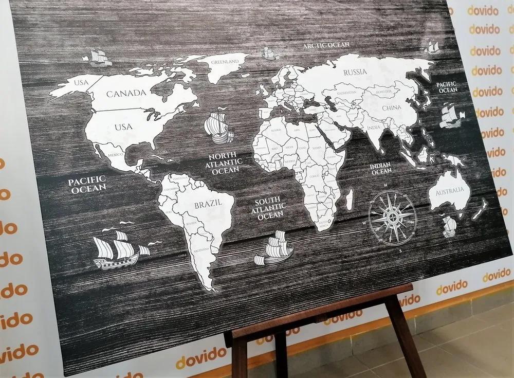 Obraz černobílá mapa na dřevě - 90x60 cm
