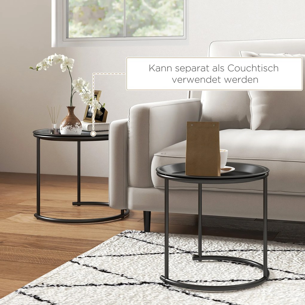 HOMCOM Sada 2 konferenčních stolků, kulatý odkládací stolek, stohovatelný stolek do obývacího pokoje, ložnice, předsíně, ocel, Ø43/35 cm, černý