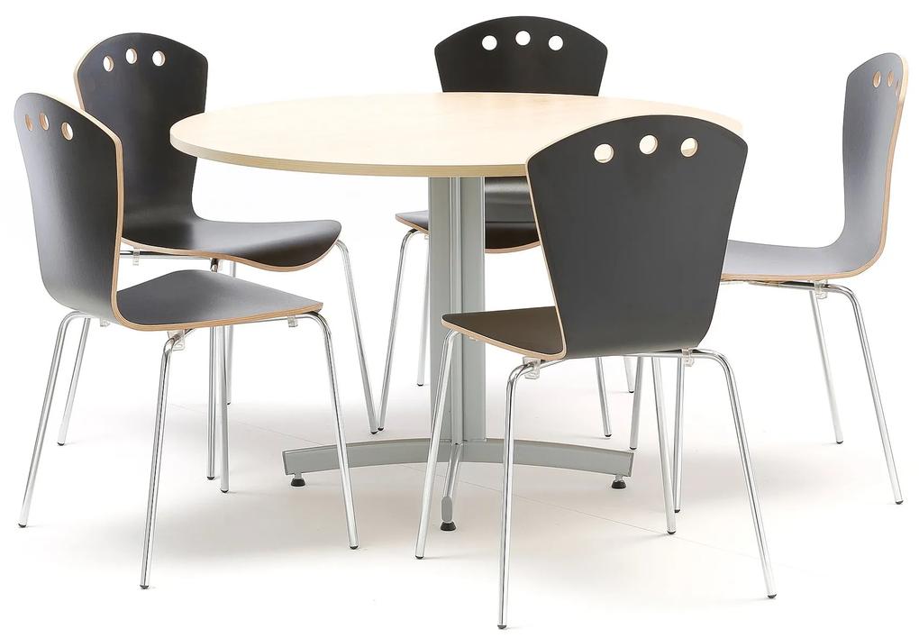 AJ Produkty Jídelní sestava SANNA + ORLANDO, stůl Ø1100 mm, bříza + 5 židlí, černé