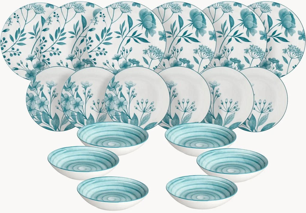 Sada porcelánového nádobí Coralie Teal, pro 6 osob, 18 dílů