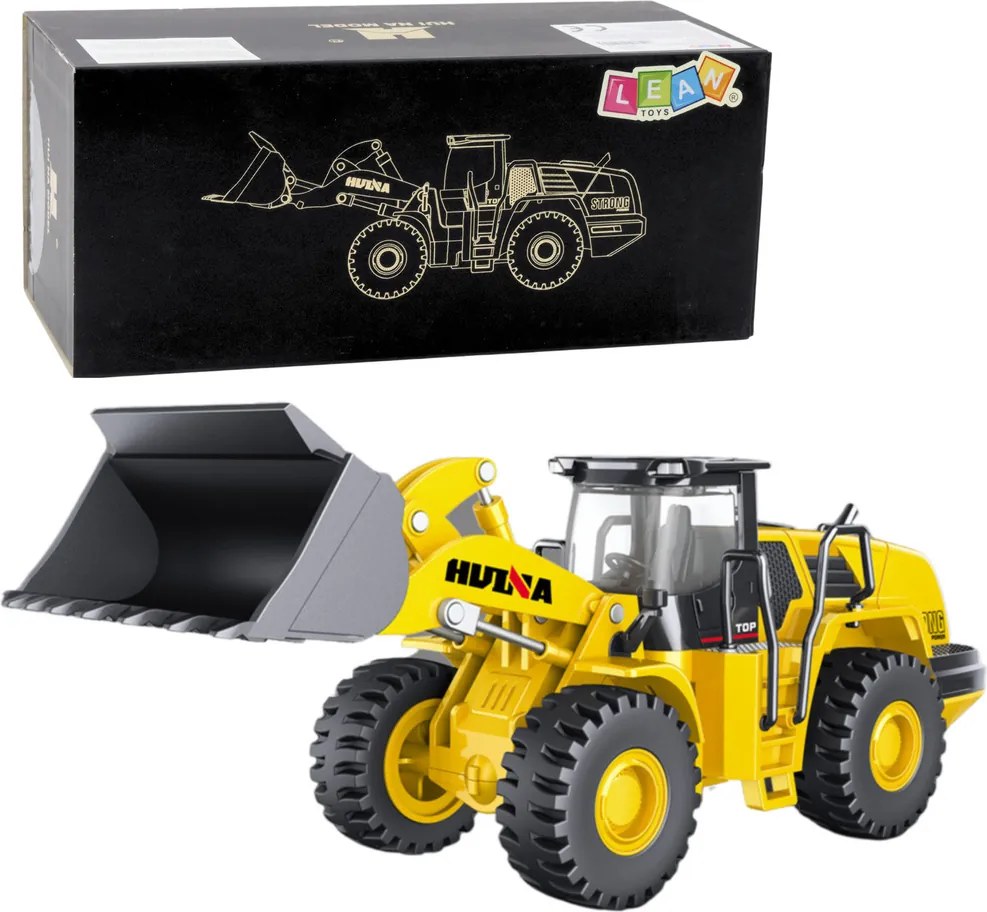 HUINA Bagr-nakladač s kovovou konstrukcí značky Huina, žlutý, v měřítku 1:50